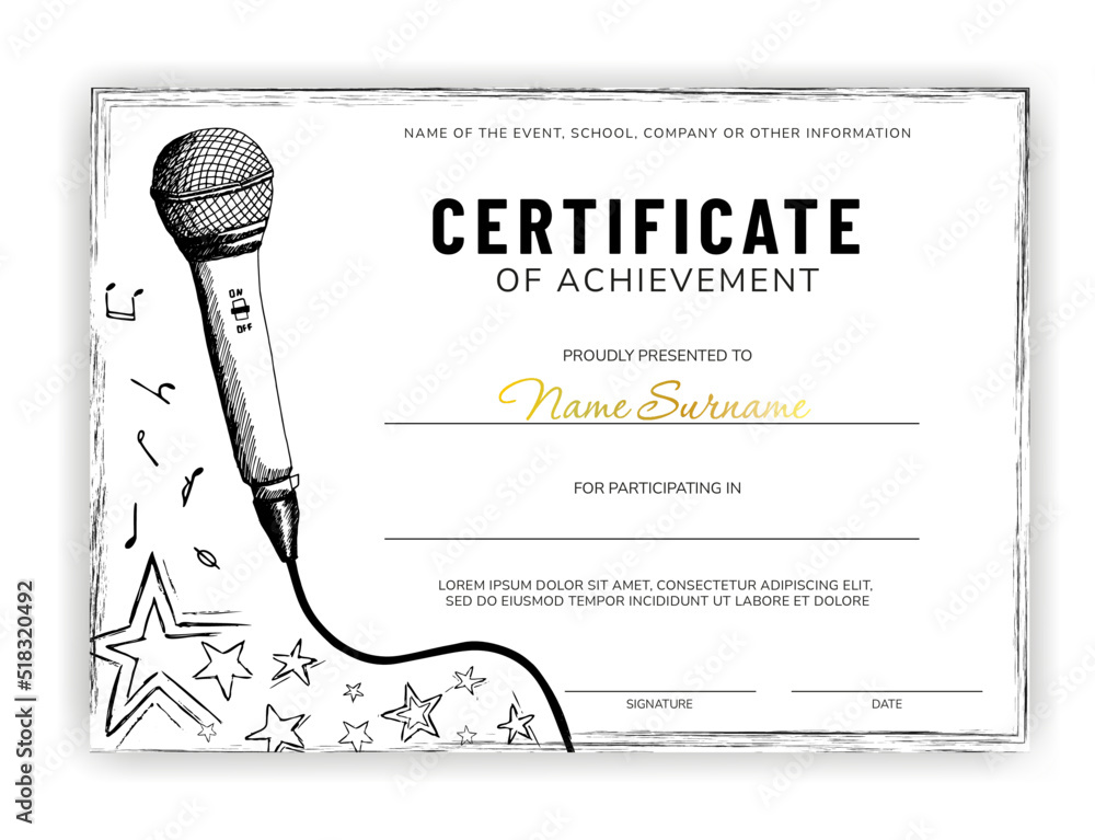Certificate of achievement in music competition. Award for vocal ...