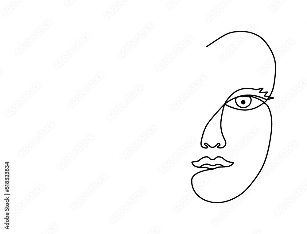 A line drawing of a female face front view showing one eye, the nose ...