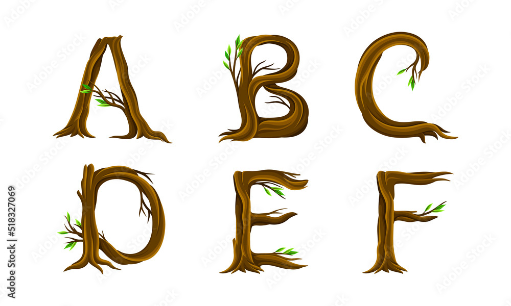Forest woody alphabet. A,B,C,D,E,F letters made of bent tree branches ...