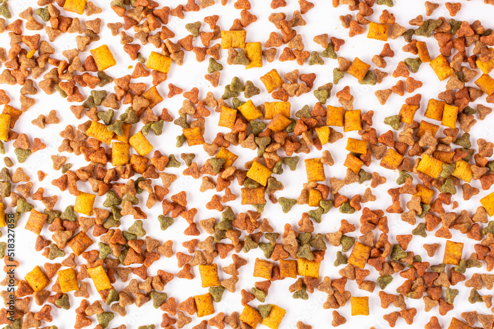 Background (texture) of dry cat food. Space for text. Template for the ...