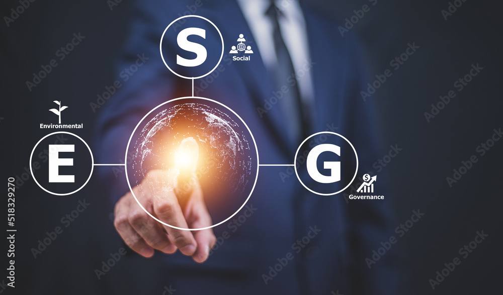 Poster Businessman touch visual screen ESG Environmental social ...