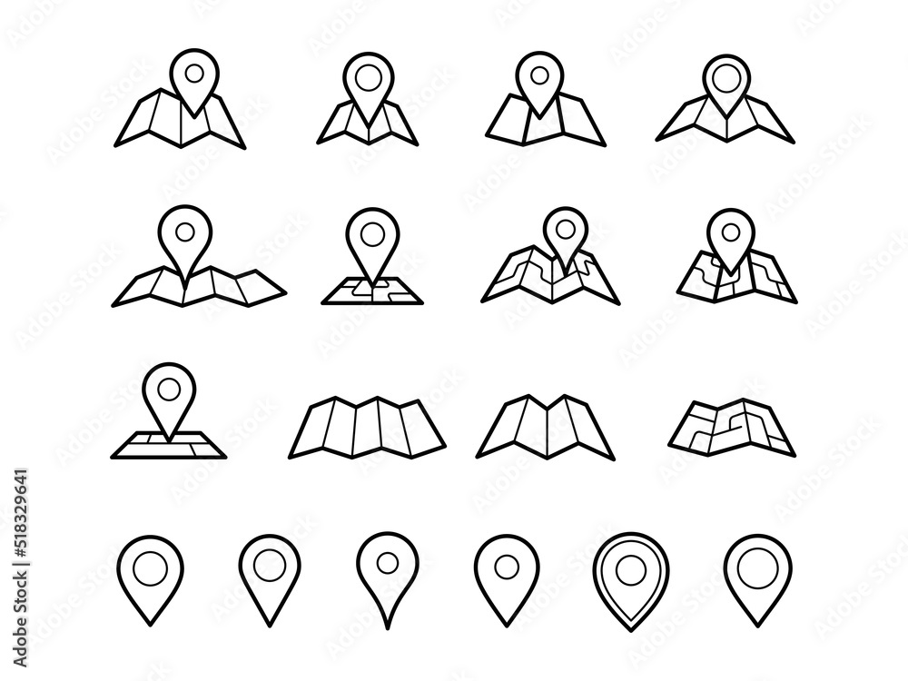 Navigation, location and map line vector icons set containing map with ...