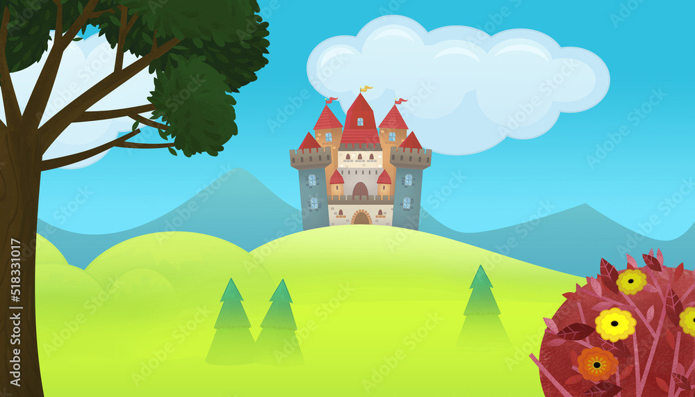 Cartoon scene beautiful castle in the forest illustration Stock ...