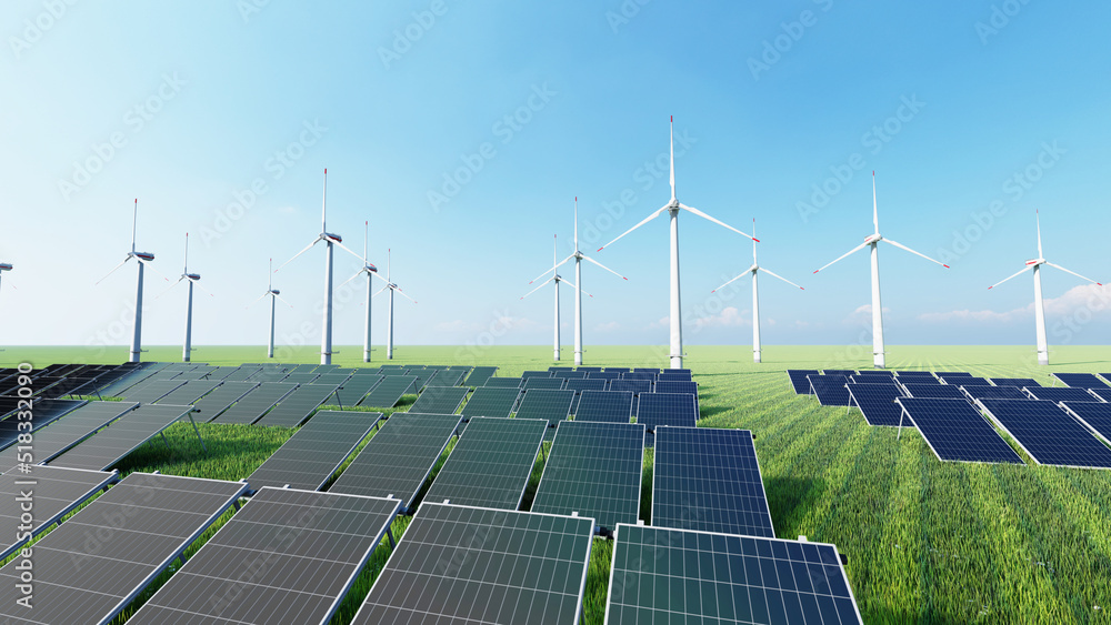 High resolution, Solar power plant and windmills. Renewable energy ...