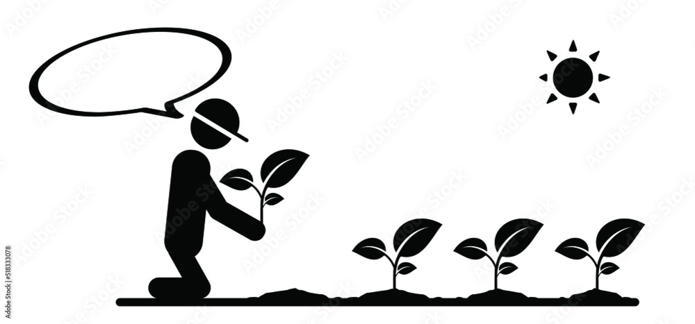 Cartoon Stickman, stick figure man with garden plants and speed bubble ...