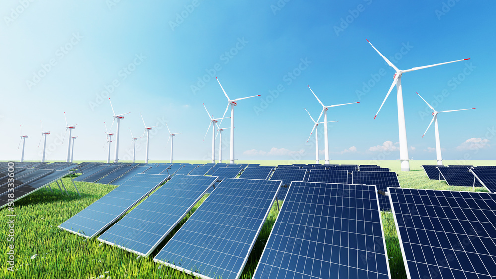 Panoramic view of wind farm or wind park, with high wind turbines for ...