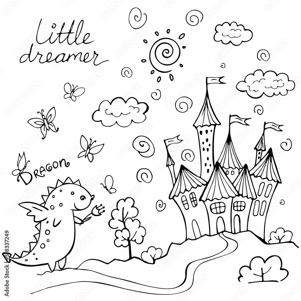 Doodle cute little dragon and castle isolated on white. Little dreamer ...