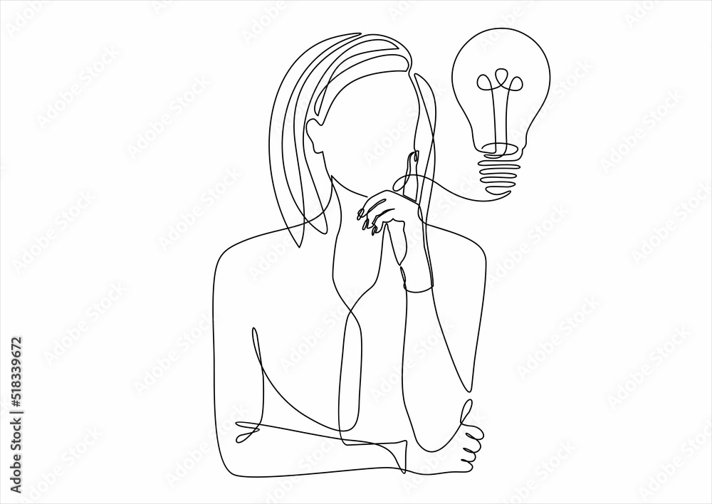 one line drawing of woman thinking solving problems finding solutions ...