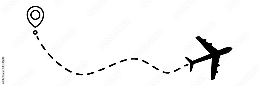 Airplane line dotted path. Plane flight route with start point and ...