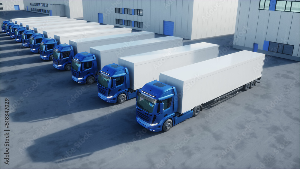 Generic 3d model of cargo trucks on warehouse parking. Logistic center ...