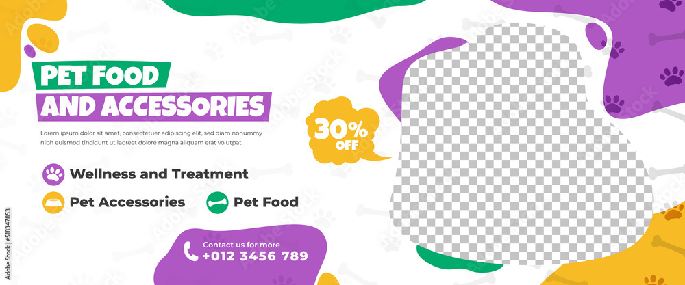 Pet care and shop horizontal banner design template. White background ...