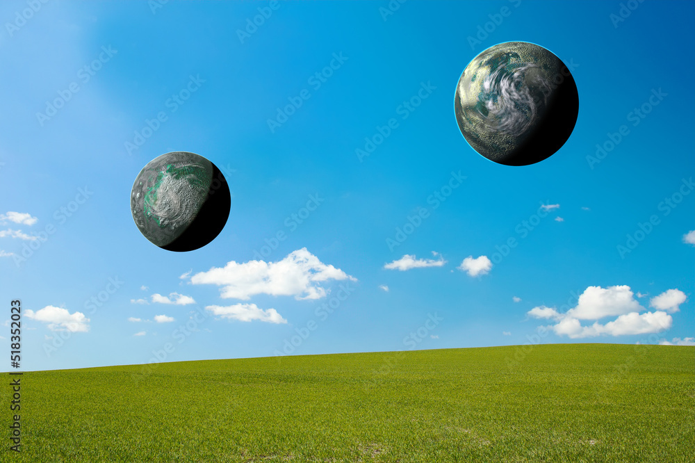 Two 3D solar planets symbolising world or earth day, universal ...