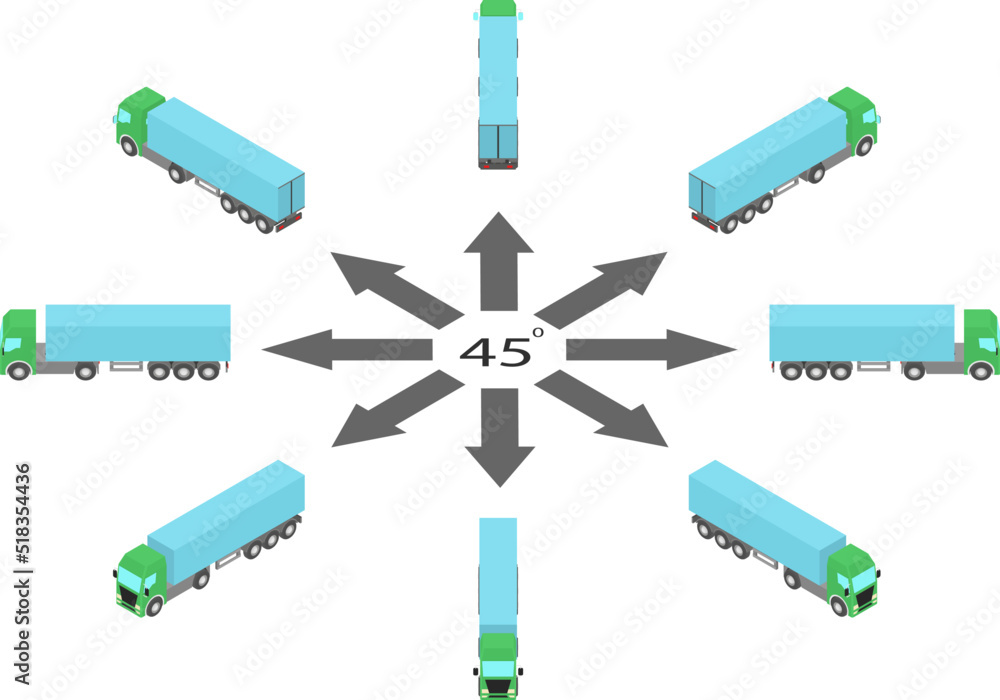 Rotation of semi-trailer truck by 45 degrees. Truck in different angles ...