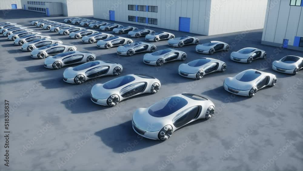 Futuristic electrick cars on warehouse parking. Logistic center. Green ...