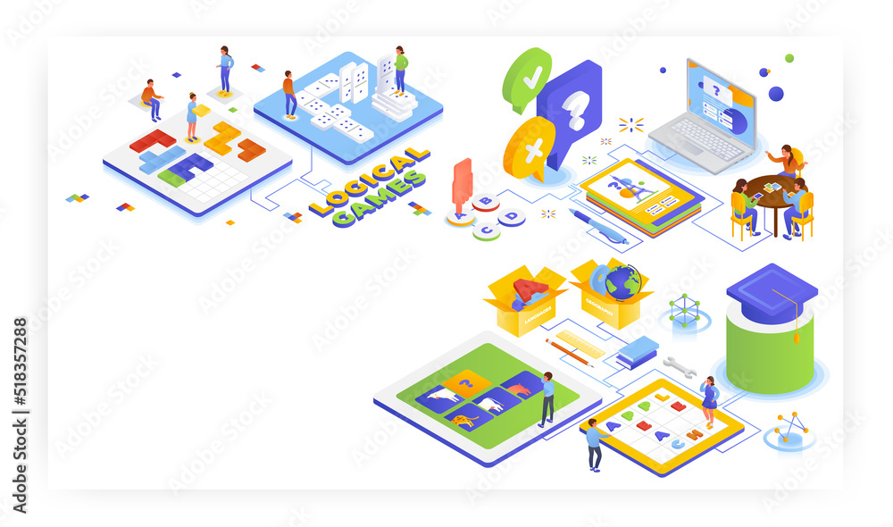 Logical learning games for kids, vector isometric illustration. Online ...