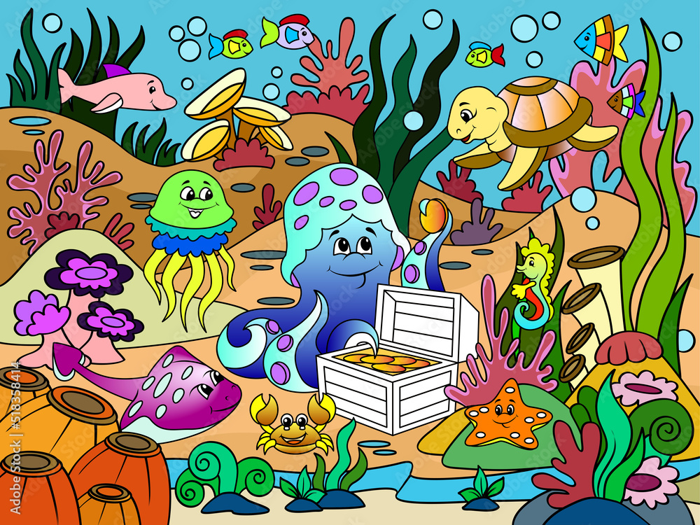 Children color, underwater world. Marine nature, animals and fish ...