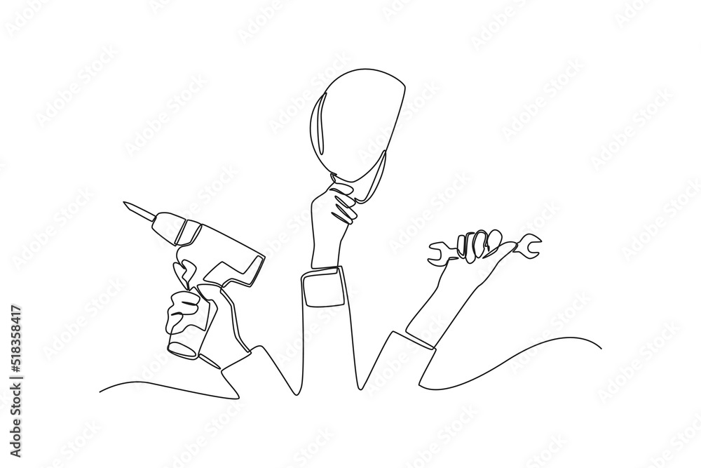 Continuous one line drawing a drill, hard hat and wrench are ...