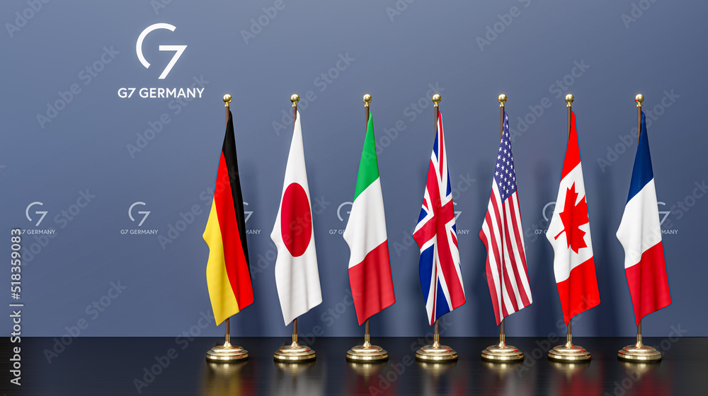 G7 summit. flags of members of G7 group of seven and list of countries ...