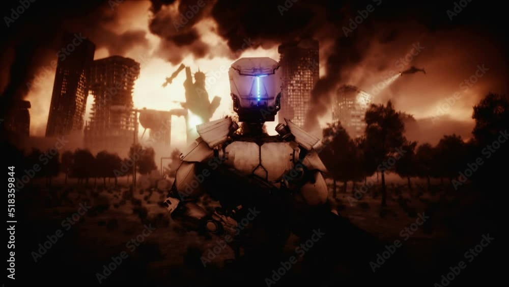 Military robot in destroyed city. Apocalypse concept. Realistic 4k ...