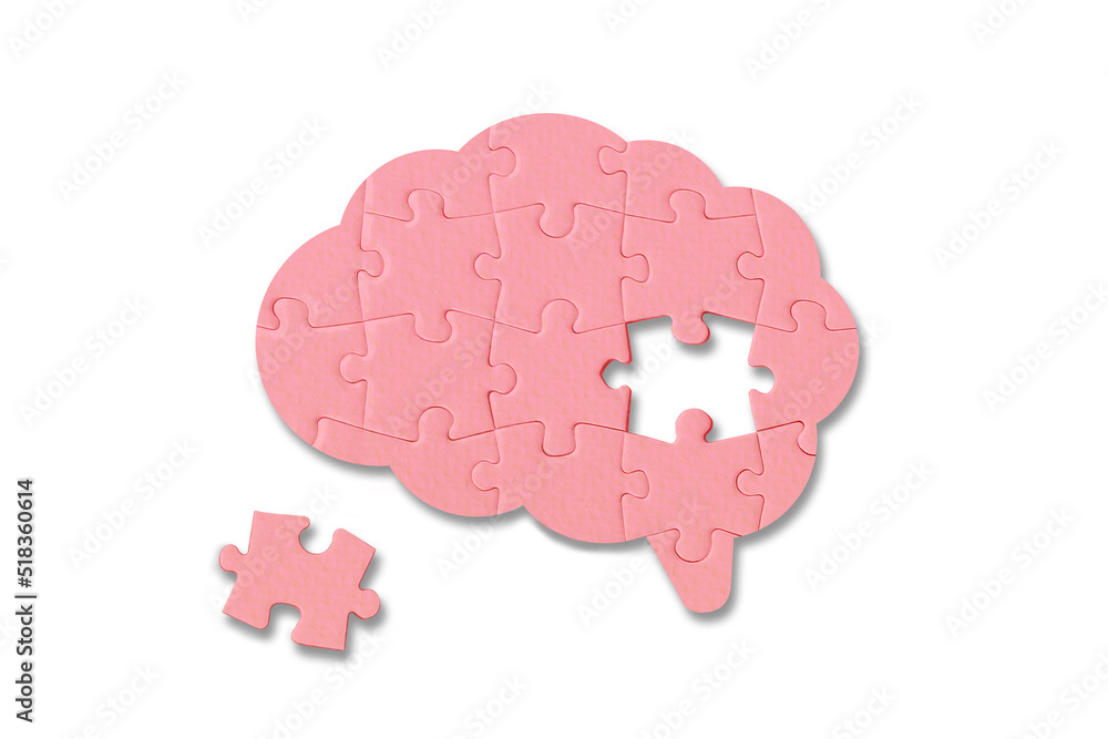 Brain shaped jigsaw puzzle on white background, a missing piece of the ...