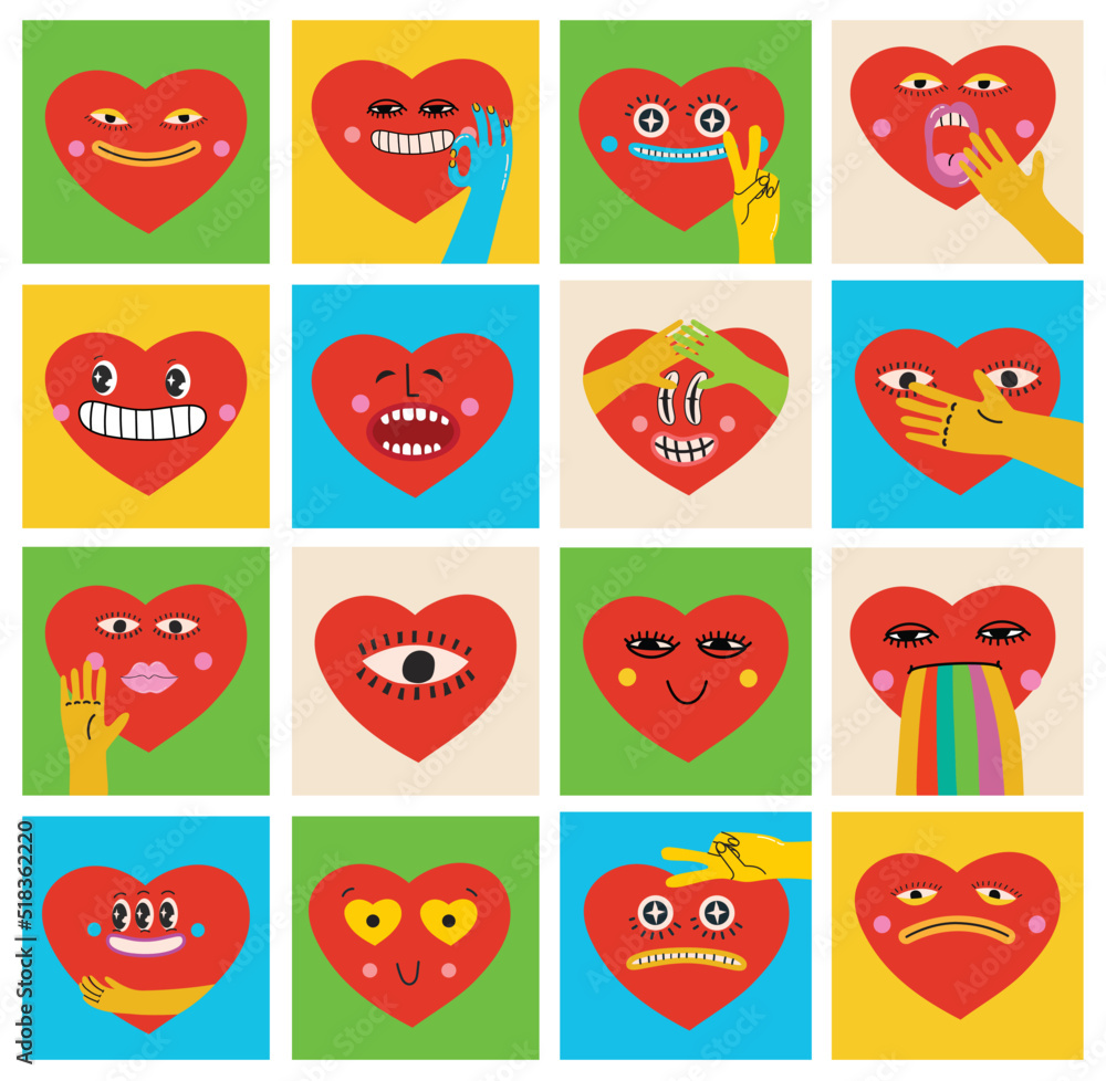 Retro heart set illustration. Cute cartoon heart, vector illustration ...
