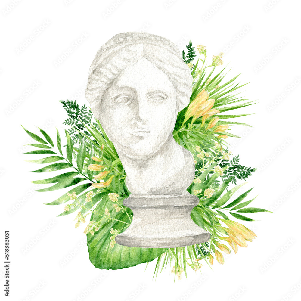 Ancient greek sculpture Venus goddess head with tropical leaves flowers ...