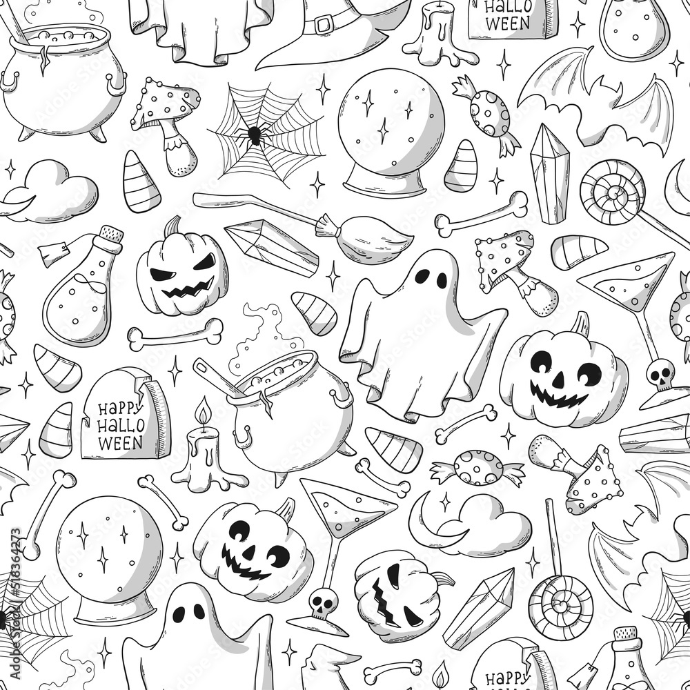 Halloween seamless pattern with hand drawn doodles for coloring pages ...