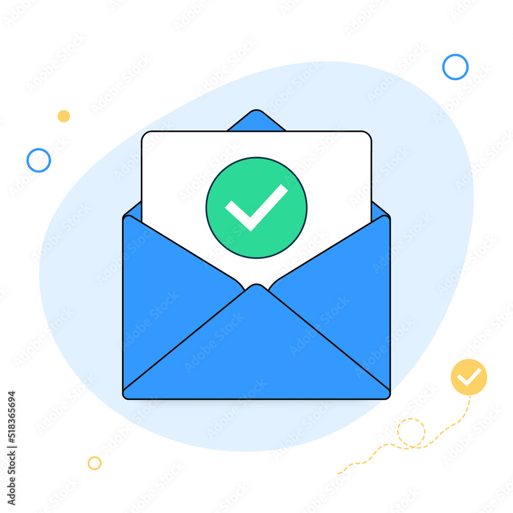Opened envelope and document with green check mark line icon. Official ...