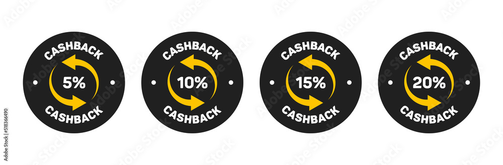 Cash back label. Banner design template with 5, 10, 15, 20 percent cash ...