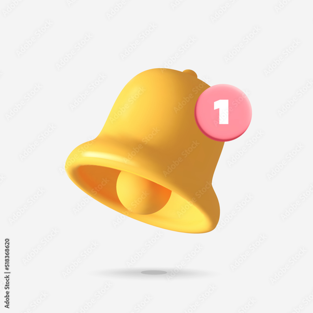 3d vector yellow notification bell with red round new message icon ...
