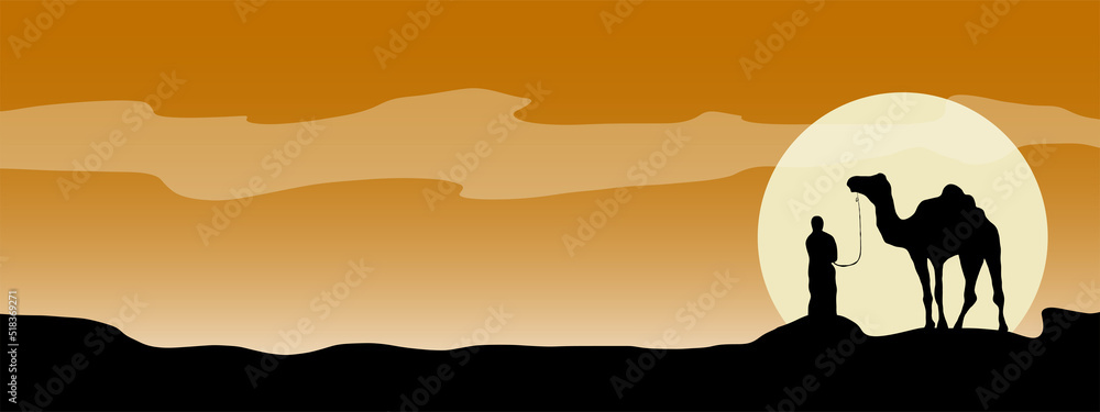 Arabian night banner with camel, vector background, digital landscape ...