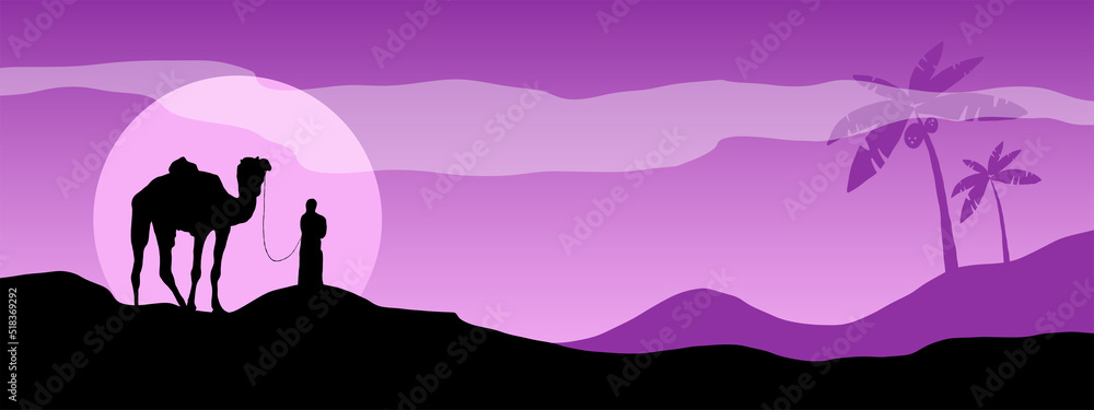 Arabian night banner with camel, vector background, digital landscape ...