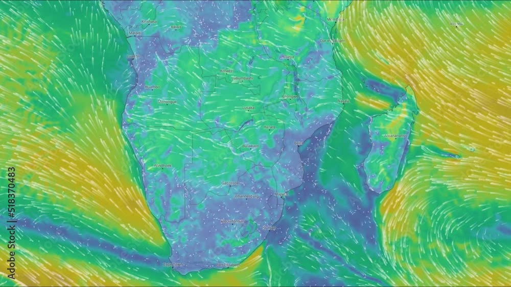 Map of the direction of wind currents. African continent. Color ...