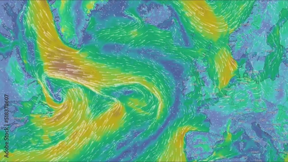Map of the direction of wind currents. Atlantic Ocean. Color ...