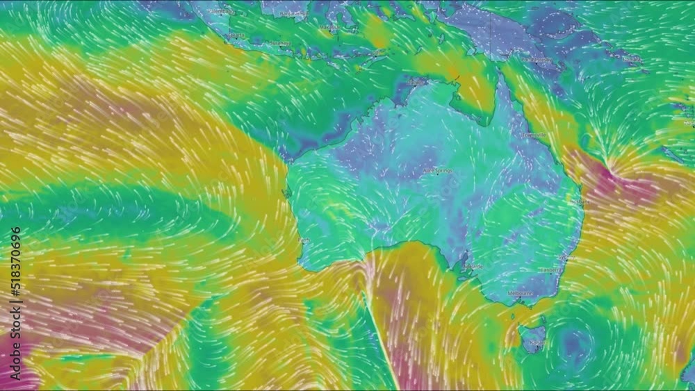 Map of the direction of wind currents. Continent Australia. Color ...