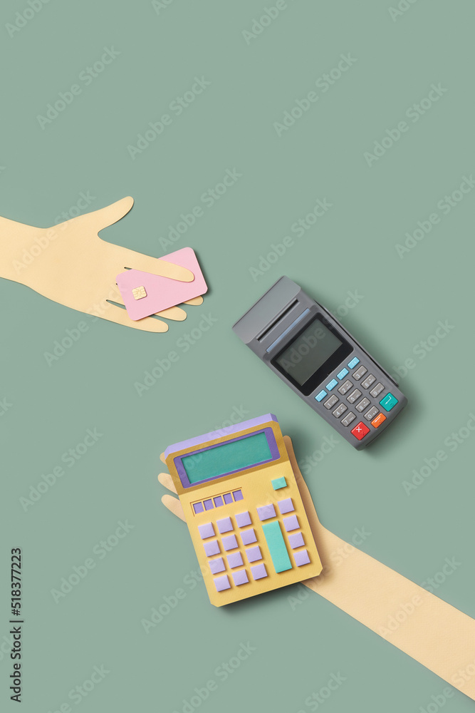 Papercraft hands holding calculator and card near terminal Stock Photo ...