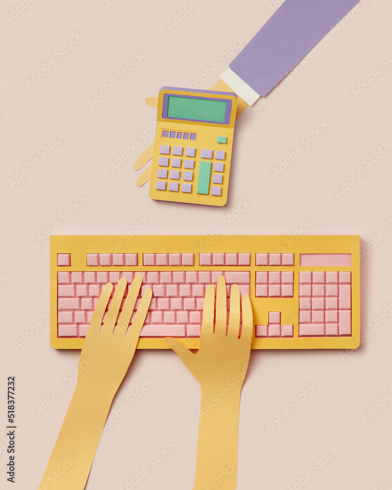 Foto de Multiple papercraft human hands with keyboard and calculator do ...