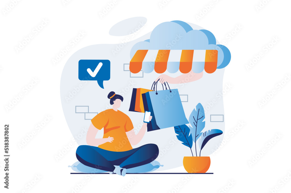 Mobile commerce concept with people scene in flat cartoon design. Woman ...