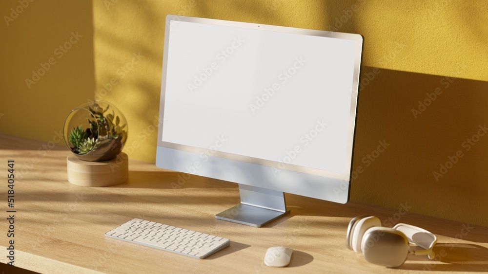 Computer with blank screen on wood table. Aesthetic workplace. Stock ...