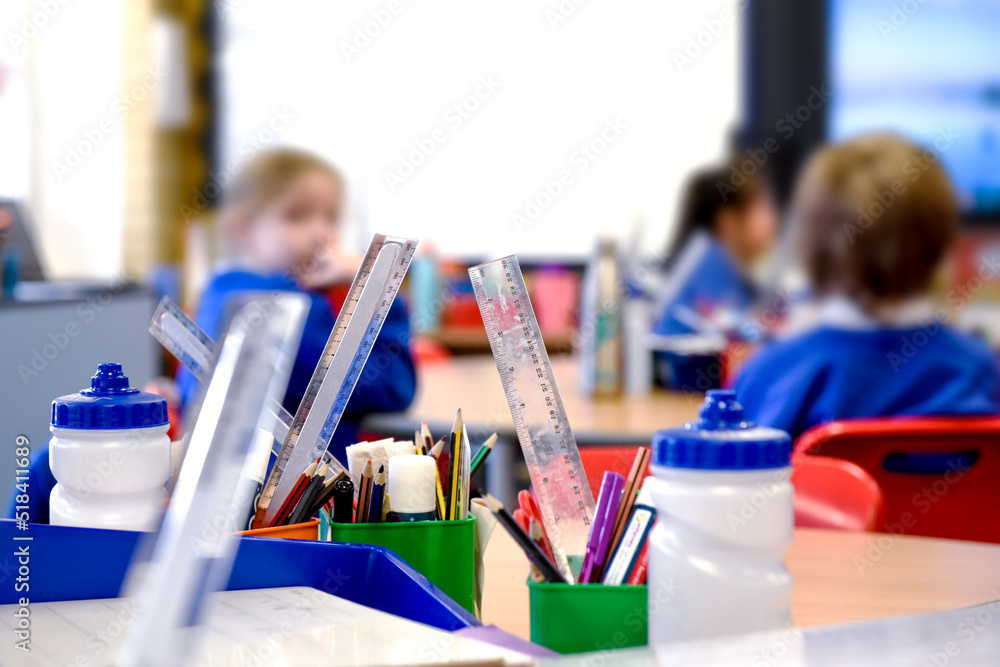 School classroom scene with kids learning in background Stock Photo ...