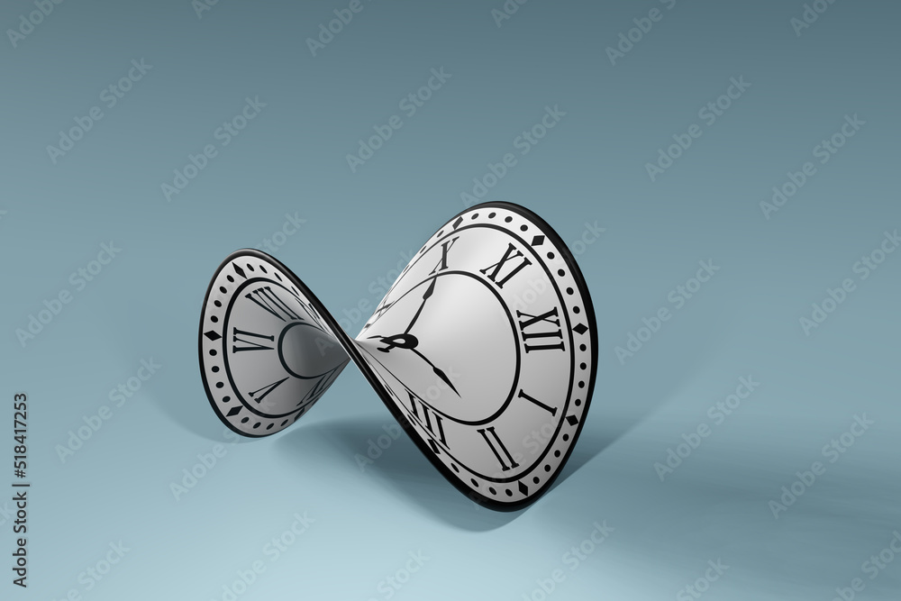 Twisted clock showing a sign of infinity to illustrate the concept of ...