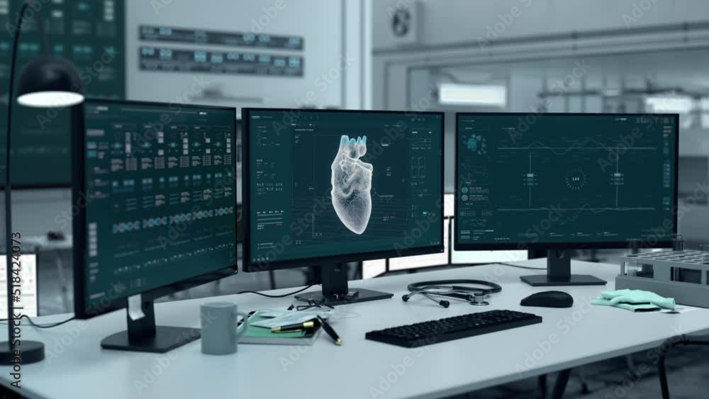 Futuristic organ engineering device is examining the blueprint of a ...