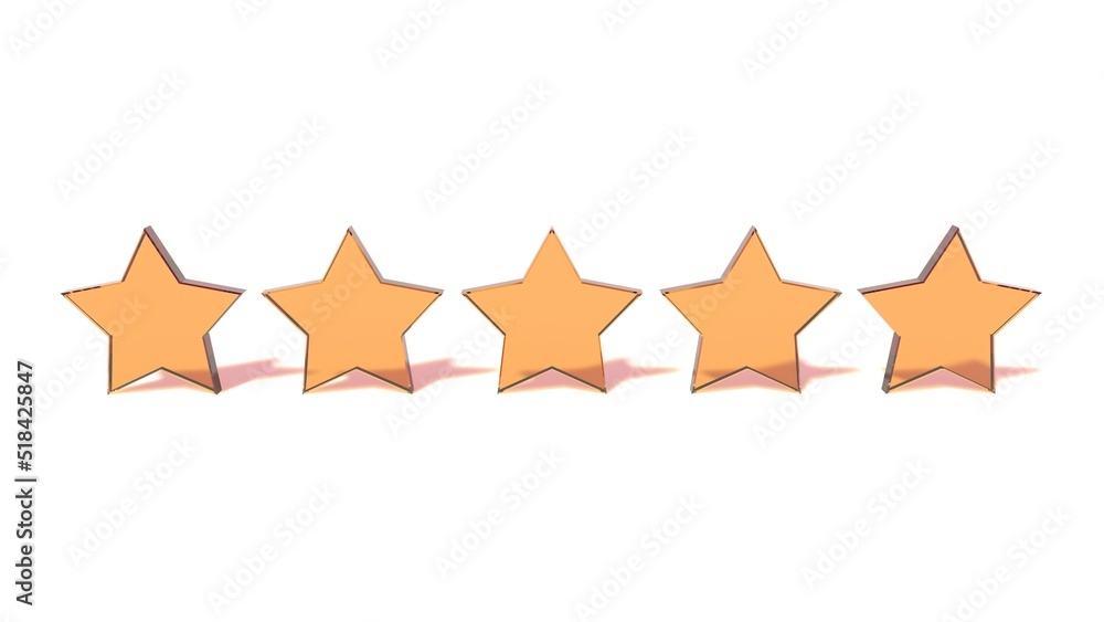 Five transparent stars on a white background. Yellow glass stars ...
