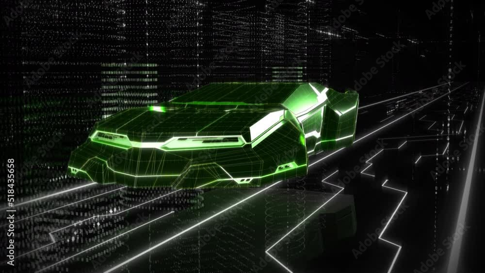Neon Green Futuristic Sports Car Driving Through Online Network ...