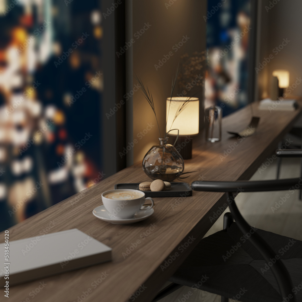Cafe interior with window coffee table and night city view with lights ...