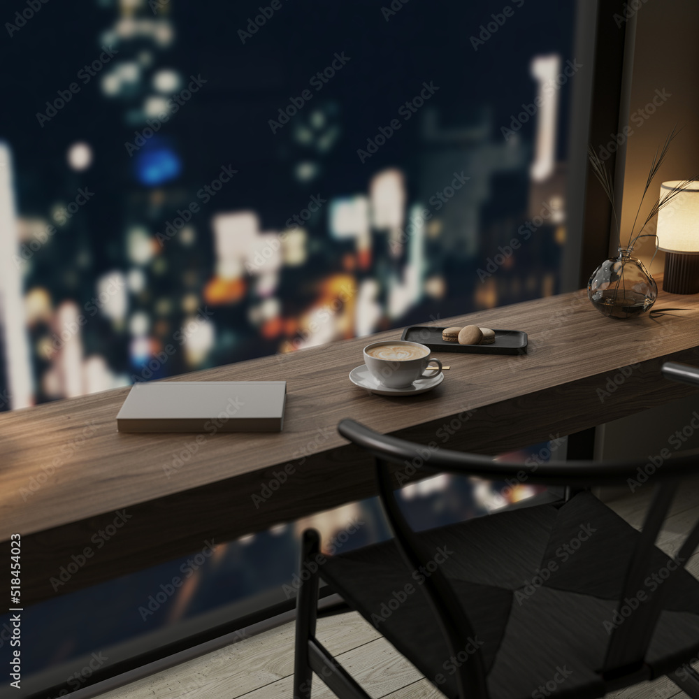 Table with a cup of coffee near panoramic window with night city view ...