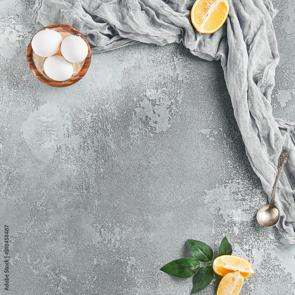 Food background with textile and lemon. Pastry composition on concrete ...
