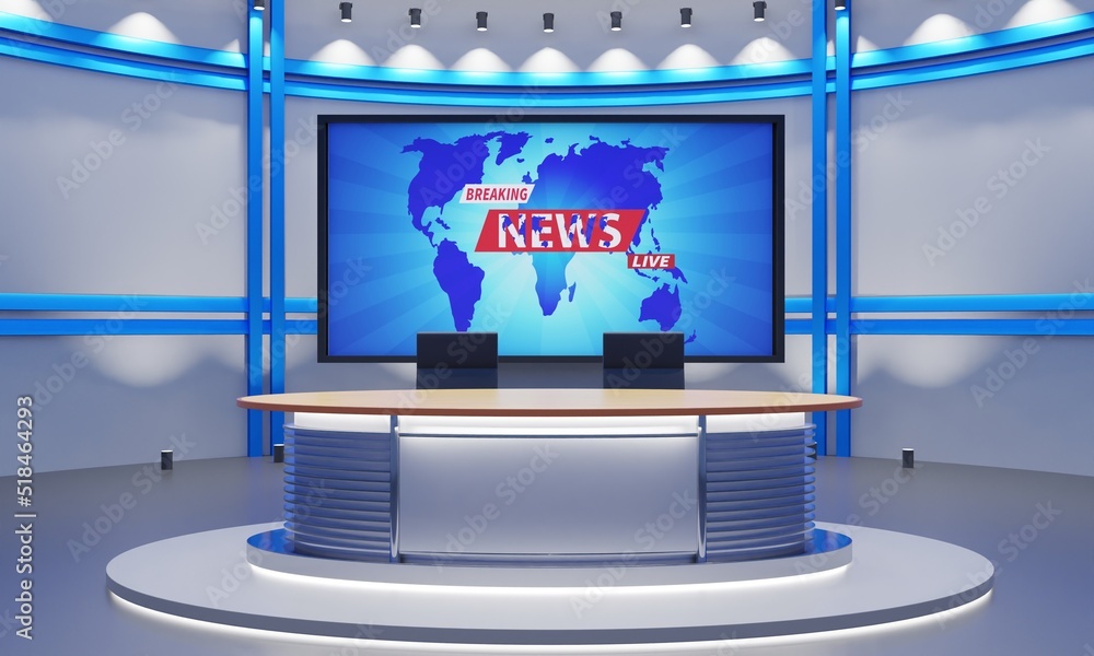 wood table on stand with led screen background in the red news studio ...