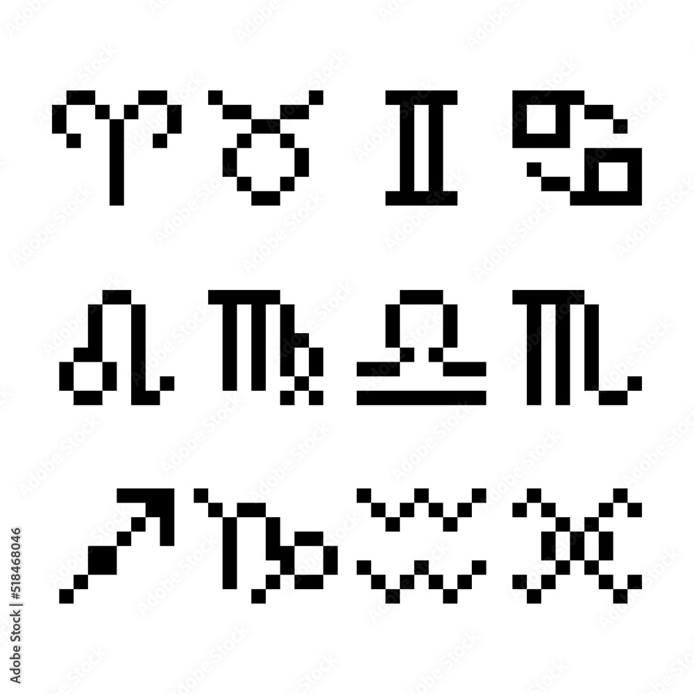 Zodiac signs in pixel art style. Zodiac symbols, astrology Stock Vector ...