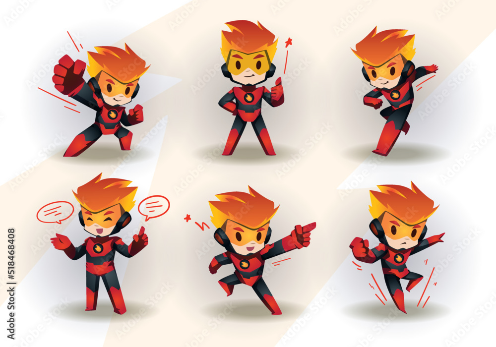 Red black flame little Super Hero Boy Mascot Character Set Stock Vector ...